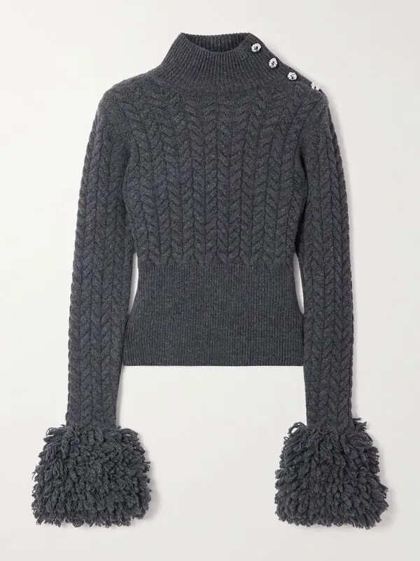 PATOU Cropped Fringed Cable-knit Merino Wool And Cashmere-blend Sweater - Gray