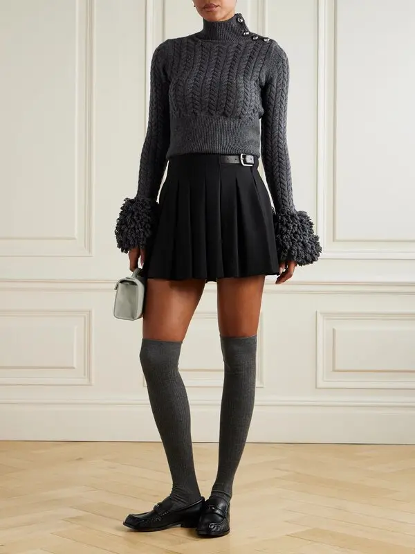 PATOU Cropped Fringed Cable-knit Merino Wool And Cashmere-blend Sweater - Gray