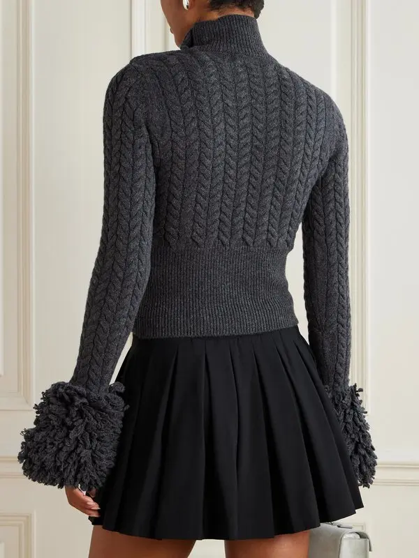 PATOU Cropped Fringed Cable-knit Merino Wool And Cashmere-blend Sweater - Gray
