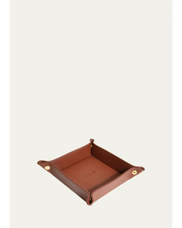 ROYCE NEW YORK Monogrammed Leather Catchall Valet Tray, Personalized - Tan