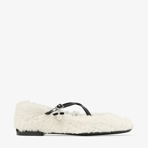 JIMMY CHOO Eleri Shearling Ballerina Pumps With Pearl Charm - Natural/black