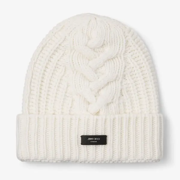 JIMMY CHOO Yuki Cable Knit Beanie With Leather Logo Tag - Latte
