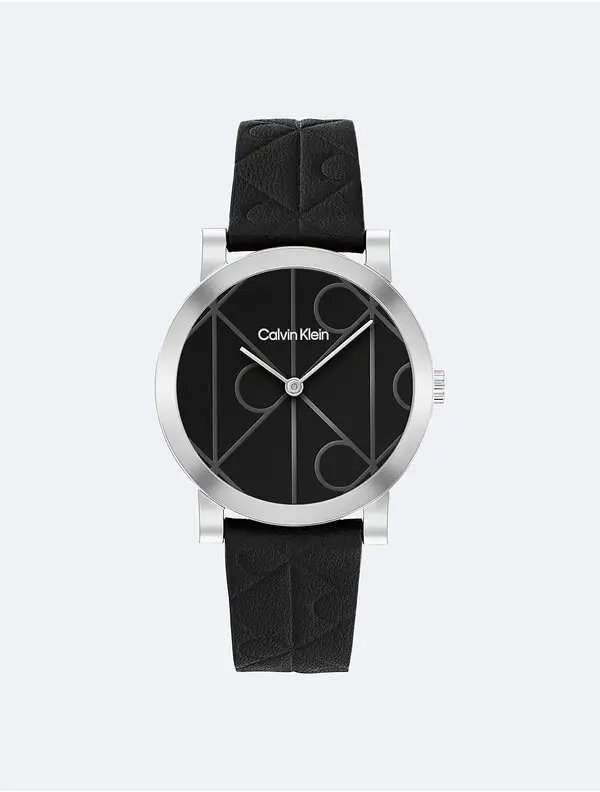 Calvin Klein Allover Emblem Dial Leather Strap Watch - Black
