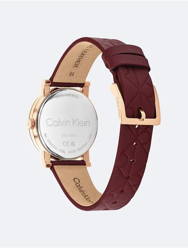Calvin Klein Allover Emblem Dial Leather Strap Watch - Burgundy