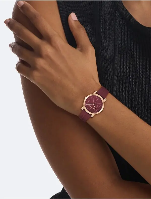 Calvin Klein Allover Emblem Dial Leather Strap Watch - Burgundy