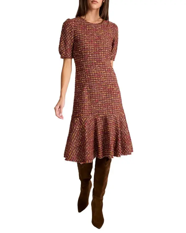 Santorelli Dasia Sheath Tweed Dress With Puff Sleeves