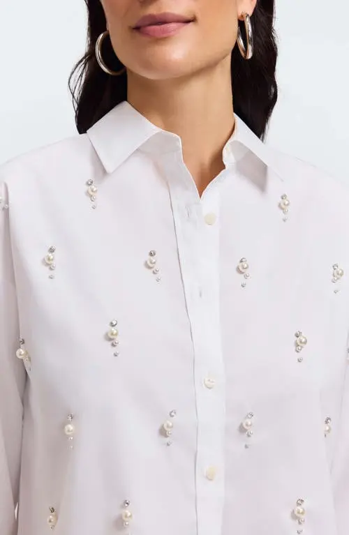 Foxcroft Faux Pearl Embellished Button-up Shirt
