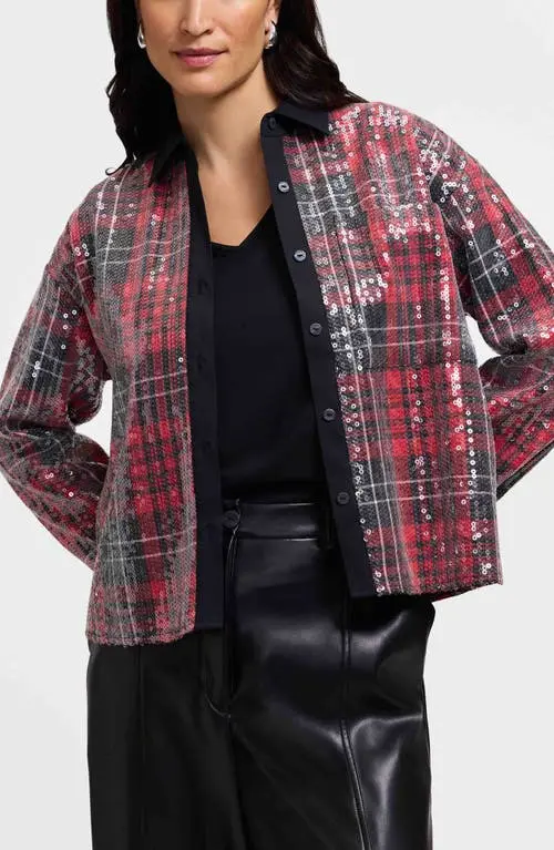Foxcroft Marina Sequin Button-up Shirt - Red/multi