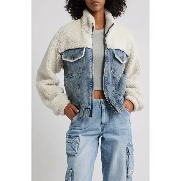 THREAD & SUPPLY Denim And Faux Shearling Trucker Jacket - Denim Wash