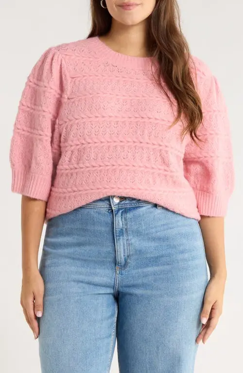 Treasure & Bond Puff Sleeve Cable Stitch Sweater - Pink Beauty