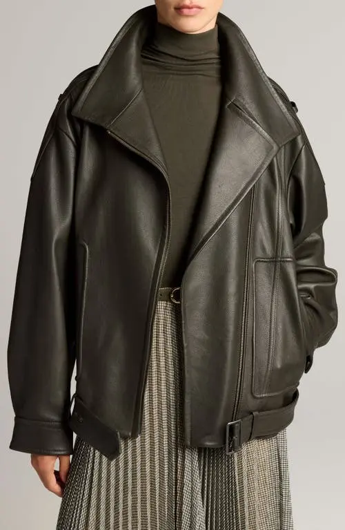 Vince Oversize Leather Biker Jacket - Deep Forest