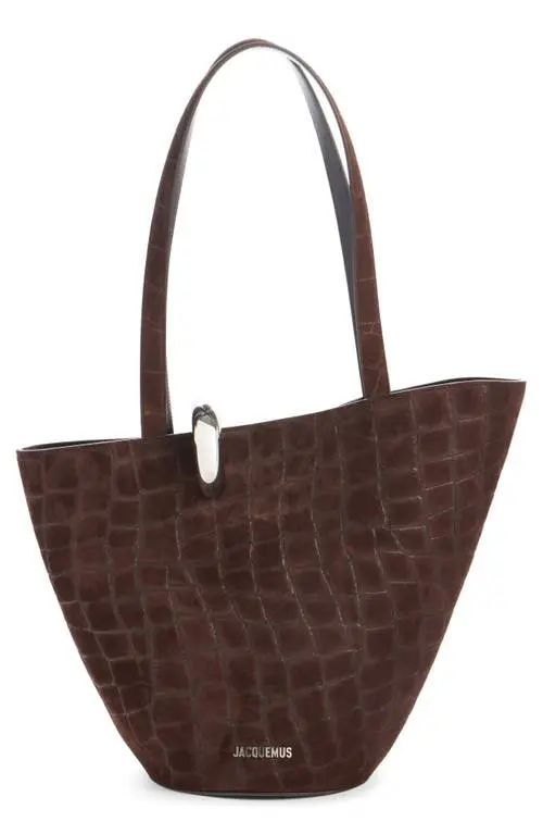 Jacquemus Le Bambola Moyen Croc Embossed Suede Bucket Bag - Dark Brown 880