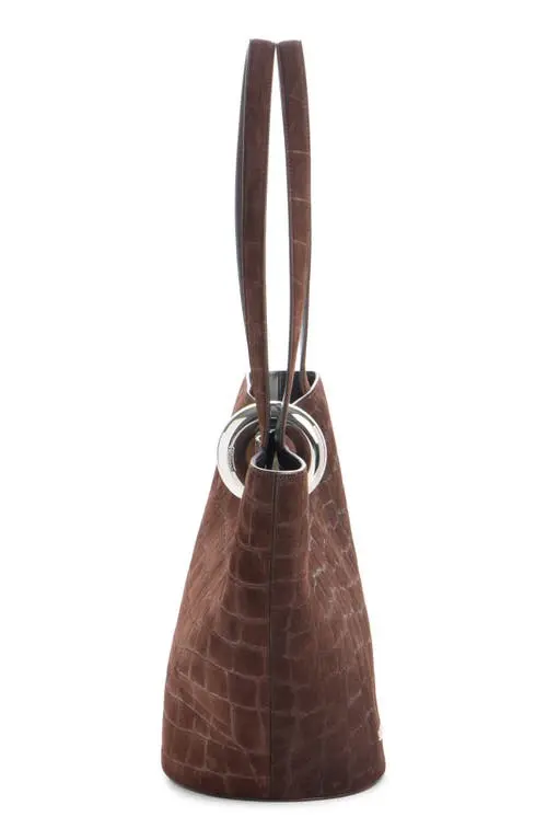 Jacquemus Le Bambola Moyen Croc Embossed Suede Bucket Bag - Dark Brown 880