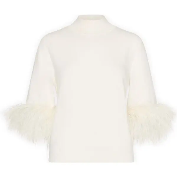 MILLY Feather Detail Mock Neck Sweater - Ecru
