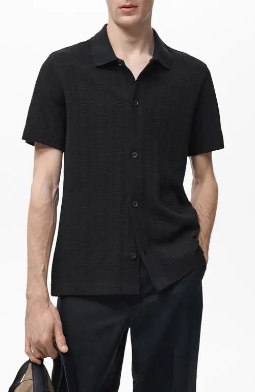 Mango Short Sleeve Structured Knit Button-up Shirt - Black