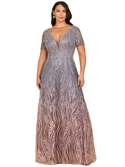 LARA NEW YORK Short Sleeve V-neck Beaded Ballgown - Multi