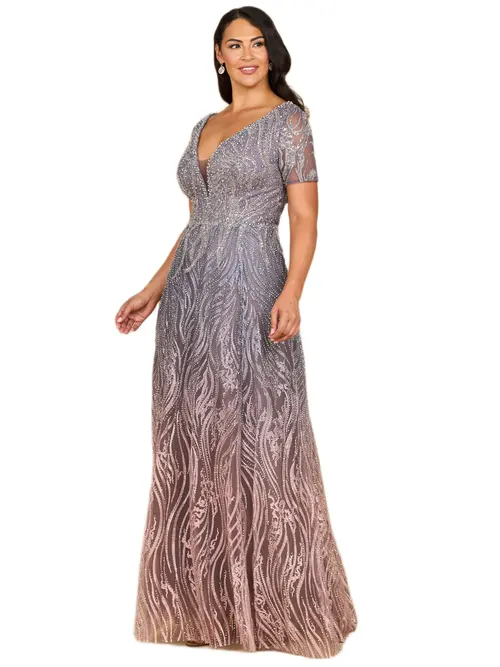 LARA NEW YORK Short Sleeve V-neck Beaded Ballgown