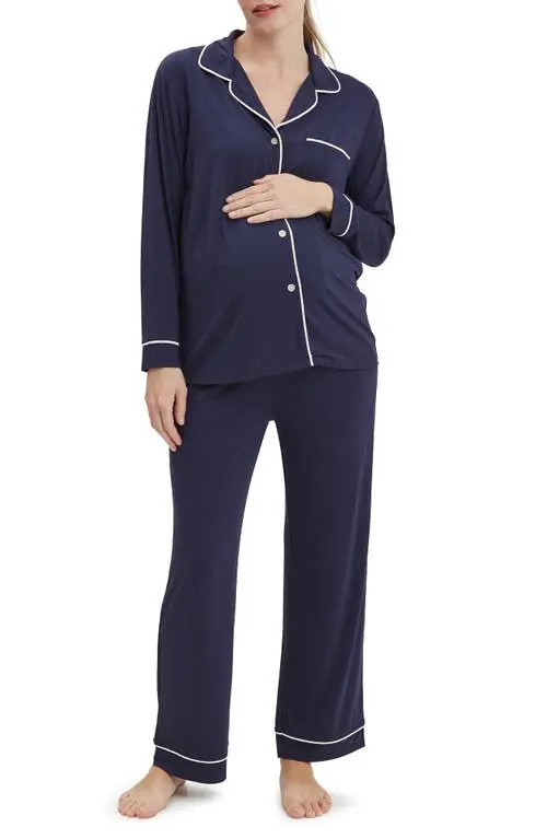 NOM MATERNITY Heart On My Sleeve Maternity Pajama Set - Navy