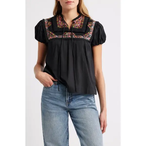 Love The Label Embroidered Puff Sleeve Top