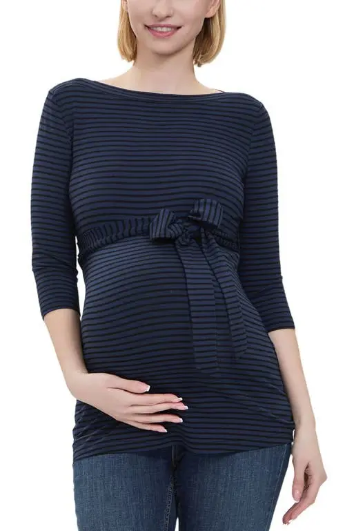 KIMI + KAI Maternity Striped Boat Neck Top - Navy