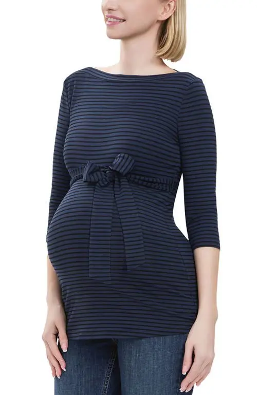 KIMI + KAI Maternity Striped Boat Neck Top - Navy