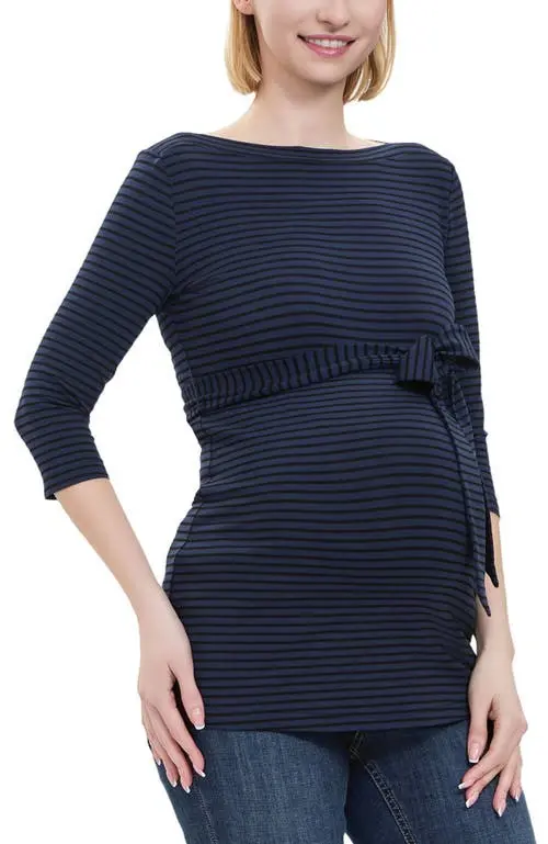 KIMI + KAI Maternity Striped Boat Neck Top - Navy