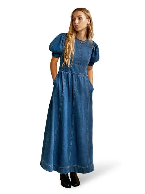 RO&ZO Denim Short Puff Sleeve Midi Dress - Blue