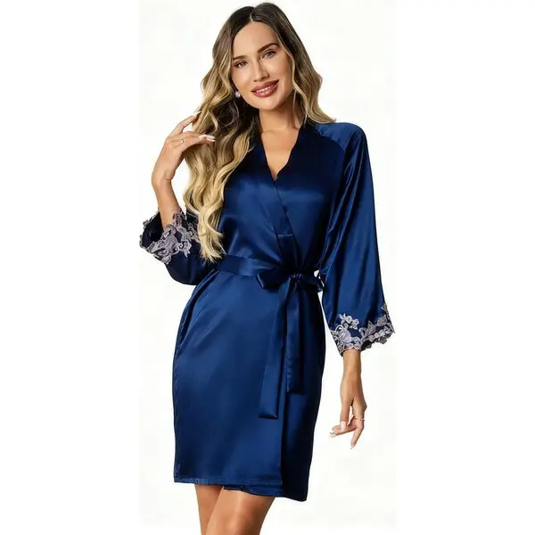 SILKSILKY Pure Silk 3/4 Sleeves Belted Short Robe With Lace Design - Dark Blue