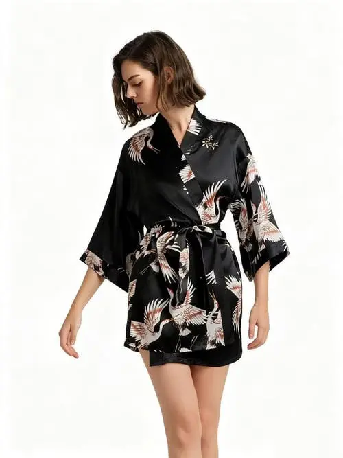 SILKSILKY 19momme Pure Silk Printed Short Robe - Black