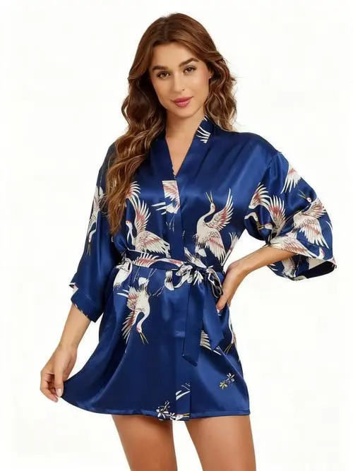 SILKSILKY 19momme Pure Silk Printed Short Robe - Dark Blue
