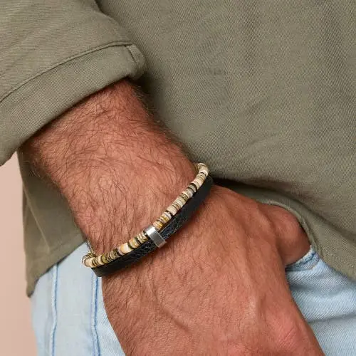 Lucky Brand Layered Bracelet With Wood Beads And Leather Strap