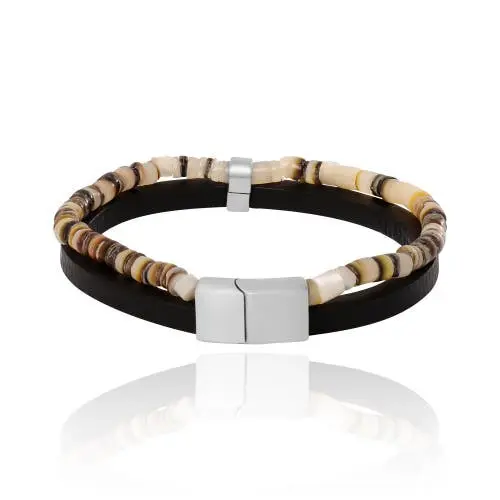 Lucky Brand Layered Bracelet With Wood Beads And Leather Strap