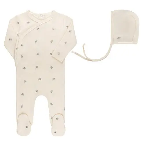 ELY'S & CO. Embroidered Footie And Bonnet Set - Ivory Berry
