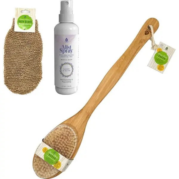 PURSONIC Lavender & Sea Salt Mist Spray + Sisal Hemp Exfoliating Gloves + Bath Body Brush Bundle - Multicolor