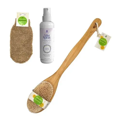 PURSONIC Lavender & Sea Salt Mist Spray + Sisal Hemp Exfoliating Gloves + Bath Body Brush Bundle - Multicolor
