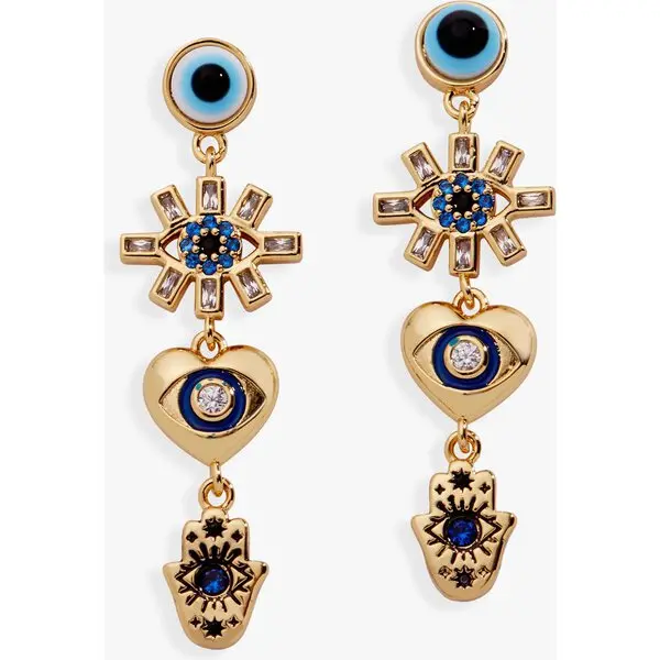 ALEX AND ANI Evil Eye Linear Earrings - Gold Blue