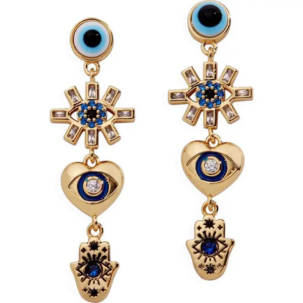 ALEX AND ANI Evil Eye Linear Earrings - Gold Blue