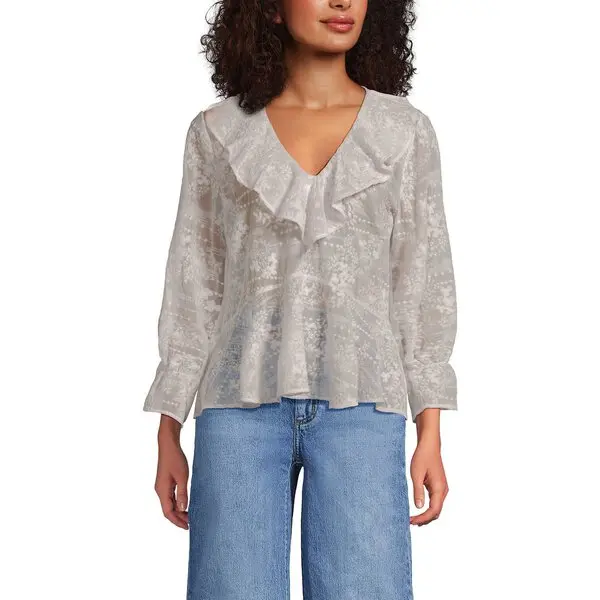 LANDS' END Ruffle Chiffon V-neck Blouse - Ivory
