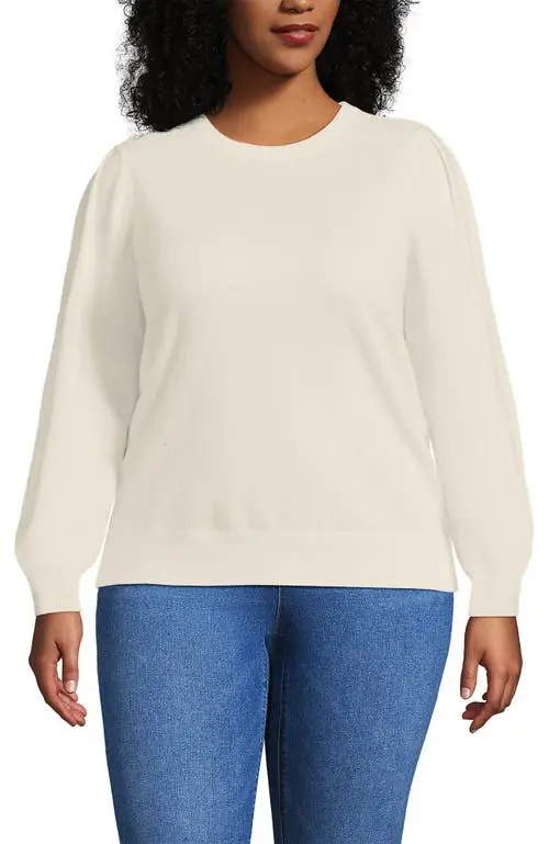 LANDS' END Cashmere Puff Sleeve Crew Neck Sweater - Fresh Ivory
