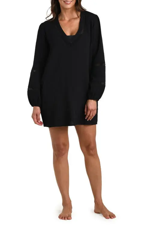 La Blanca Seaside Lace Inset Long Sleeve Cotton Cover-up Dress - Black