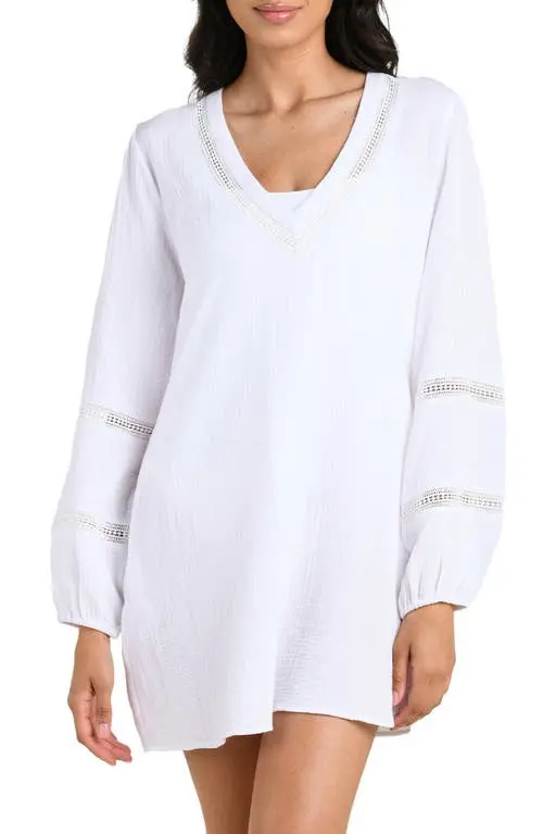 La Blanca Seaside Lace Inset Long Sleeve Cotton Cover-up Dress - White