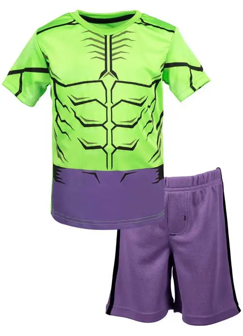 MARVEL Printed T-shirt & Mesh Shorts Set - Avengers The Hulk Green