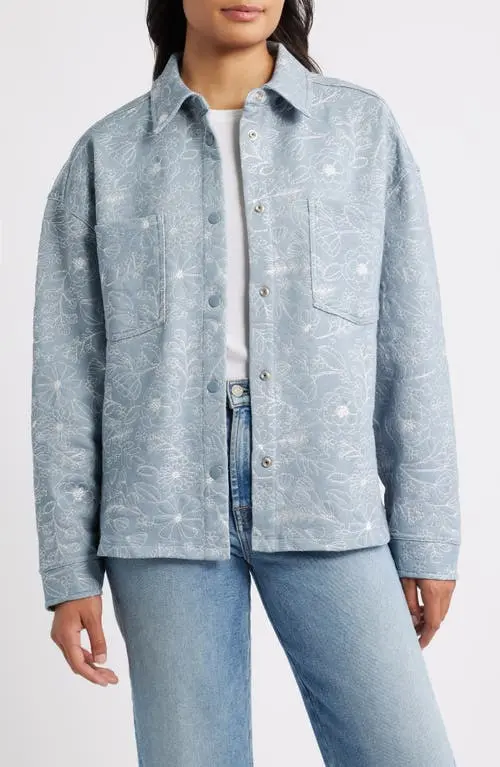 Bobeau Embroidered Cotton Blend Shacket - Denim/ivory