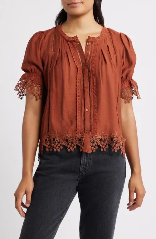 Bobeau Lace Accent Button-up Shirt