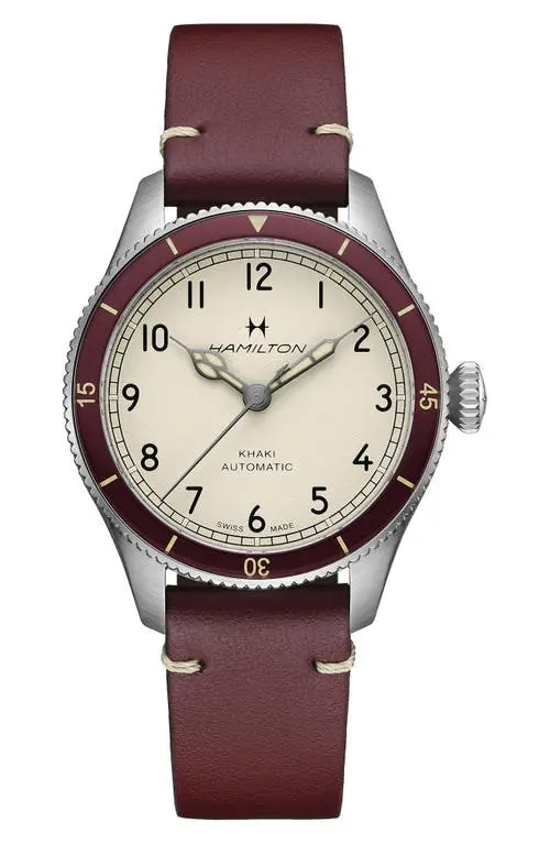 Hamilton Khaki Aviation Leather Strap Watch - White/red