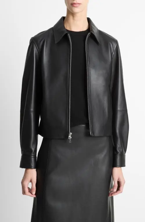 Vince Zip Crop Leather Jacket - Black