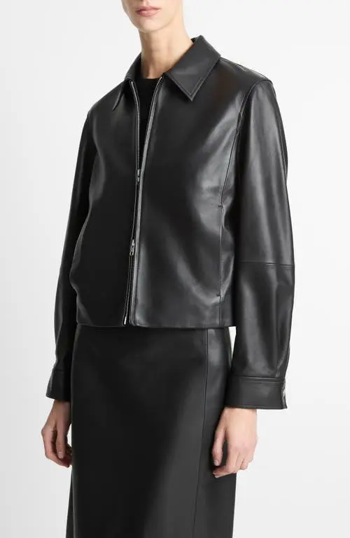 Vince Zip Crop Leather Jacket - Black