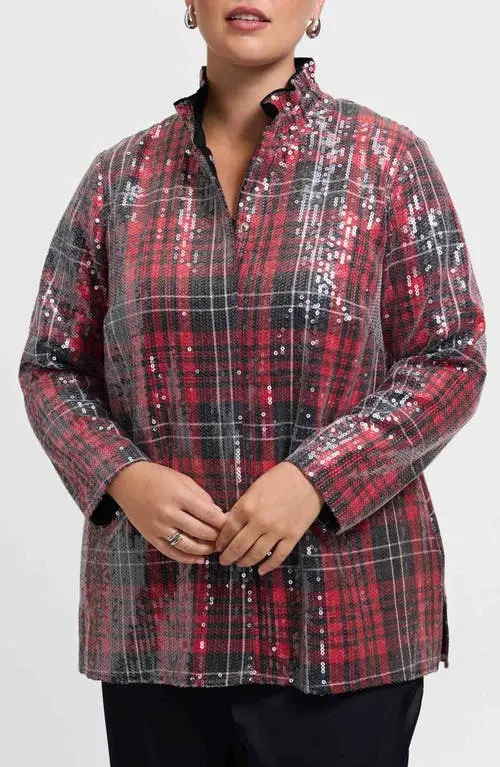 Foxcroft Carolina Sequin Plaid Button-up Shirt - Burgundy Red/multi