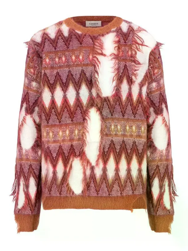 LANEUS Geometric-pattern Sweater With Frayed Edges - Red