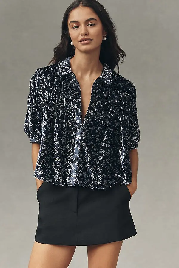 Maeve Leandra Velvet Shirred Yoke Blouse - Navy
